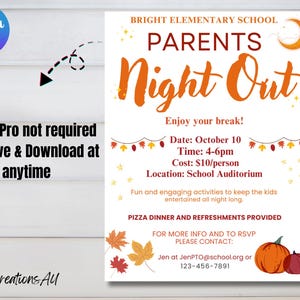 Fall Parent Night Out Flyer: Church Fundraiser Template (digital ...