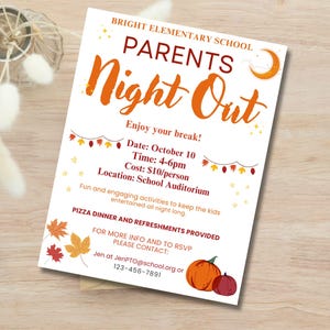 Fall Parent Night Out Flyer: Church Fundraiser Template (digital ...