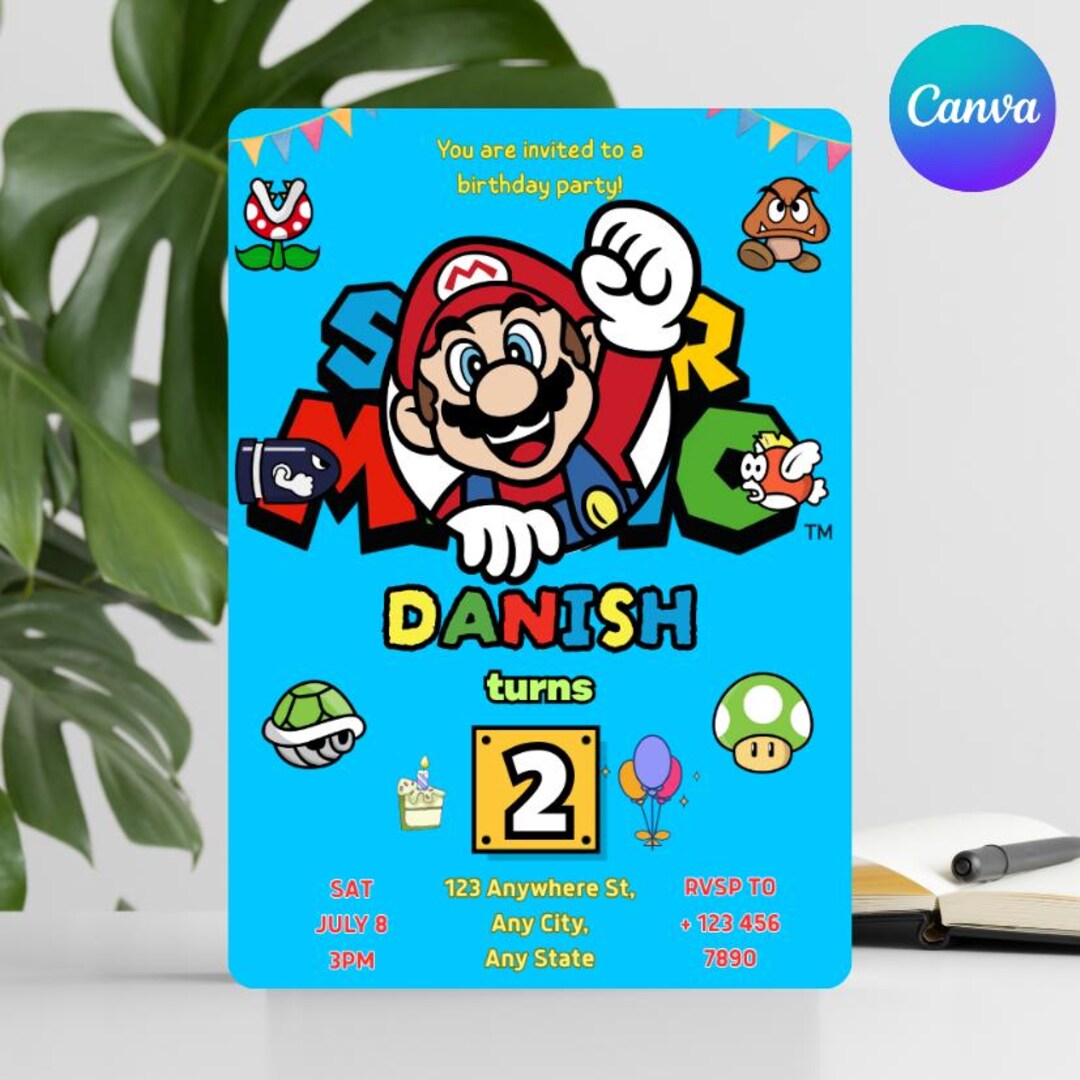 Mario Kids Invitation, Printable Birthday Card, Editable Party Canva ...