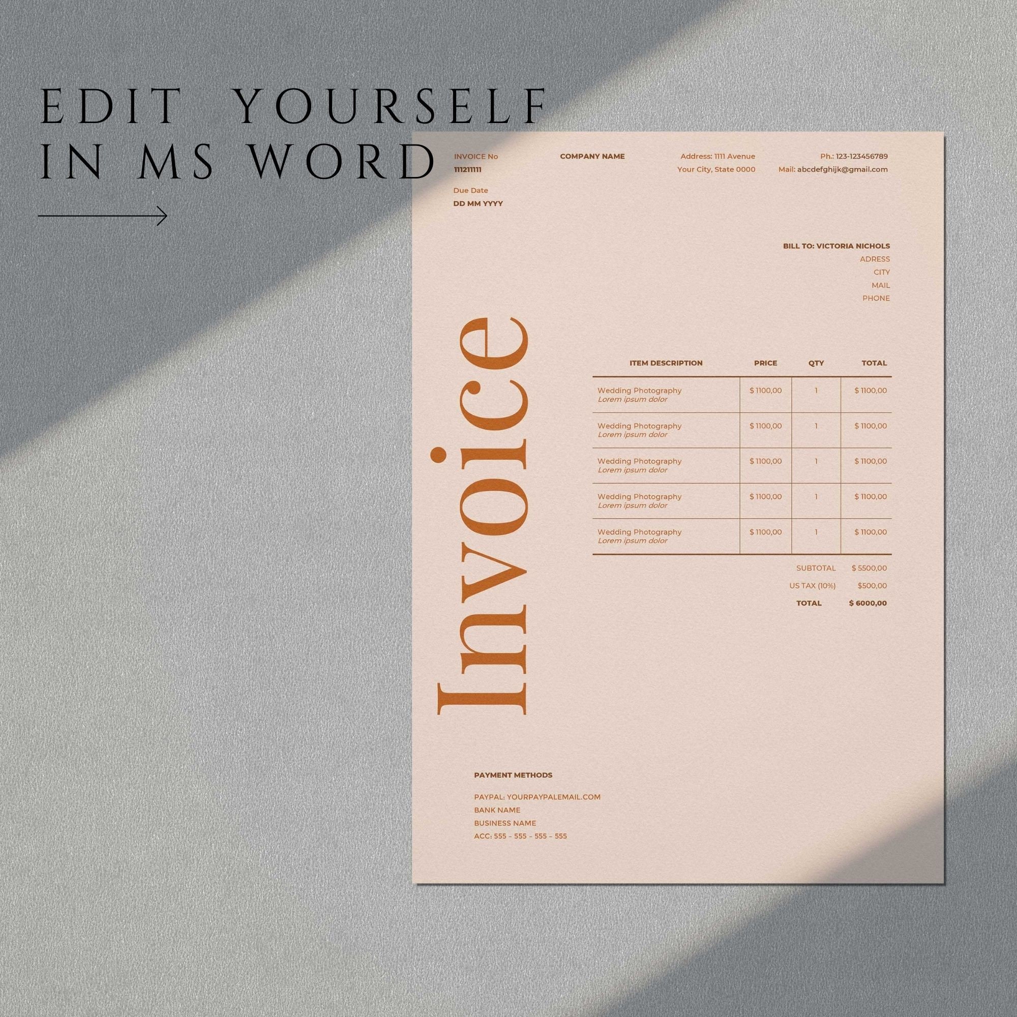 EDITABLE INVOICE / Invoice Word / Word Editable Invoice: Modern and ...