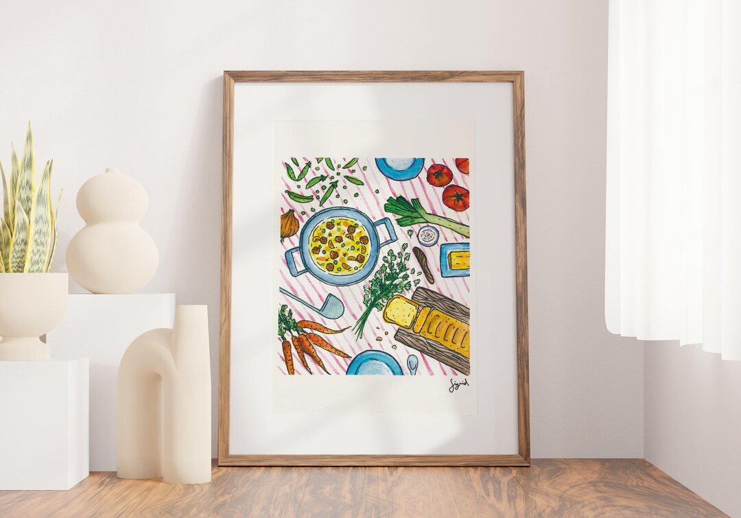 Meatball Soup Poster, Watercolor Painting, Food Art Poster, Colorful ...