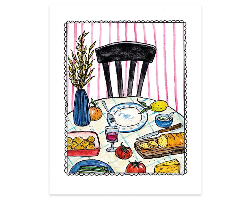 Dinner Table Poster, Watercolor Painting, Food Art Poster, Colorful ...