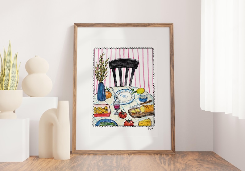 Dinner Table Poster, Watercolor Painting, Food Art Poster, Colorful ...