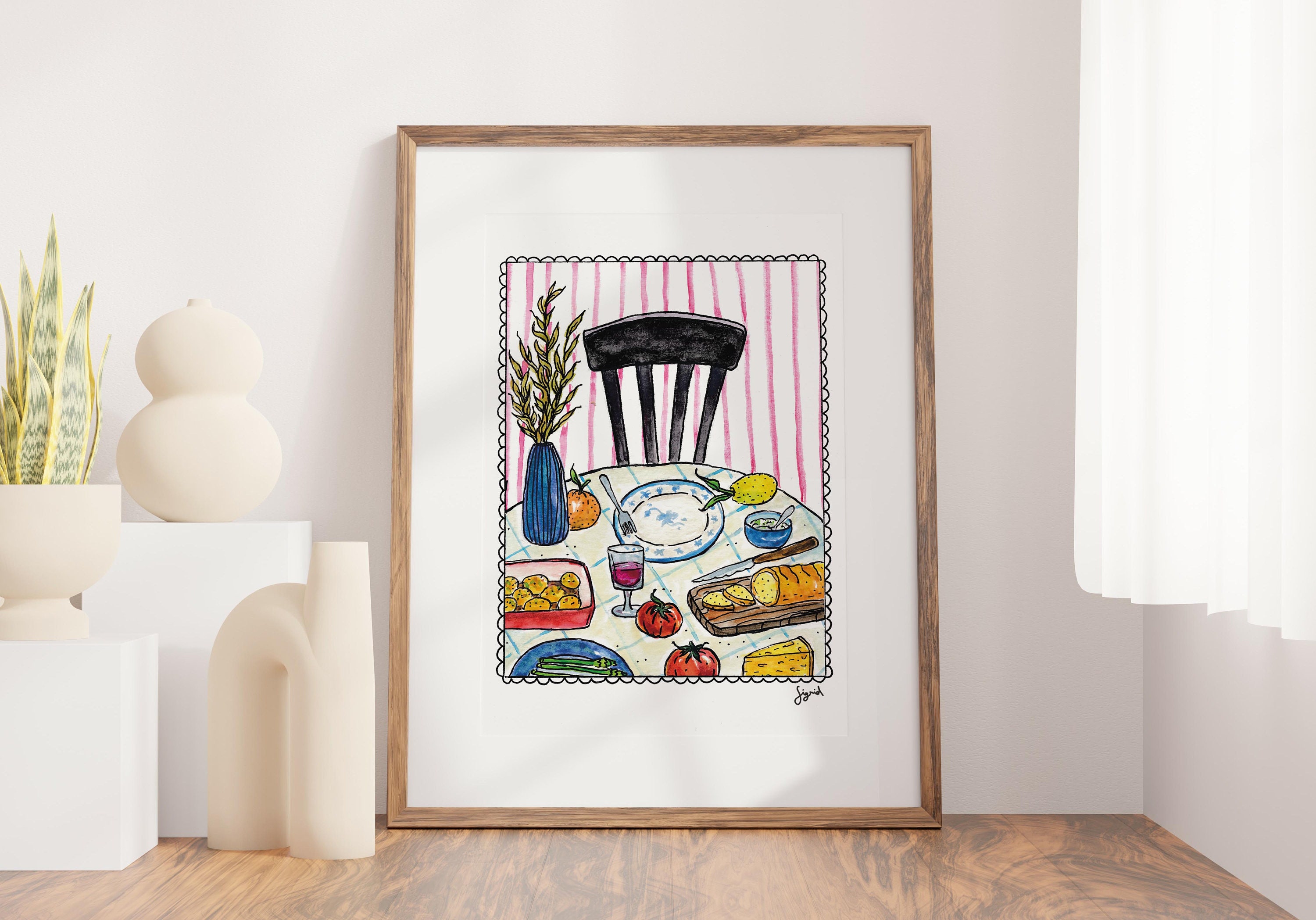 Dinner Table Poster, Watercolor Painting, Food Art Poster, Colorful ...