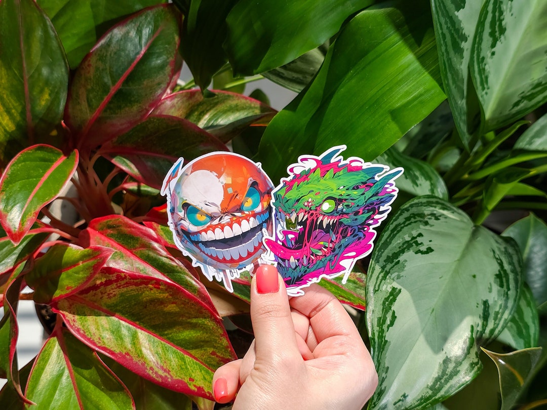 Trendy Fantasy Stickers Smiley Skull & Neon Beast/dragon Cute Stickers ...