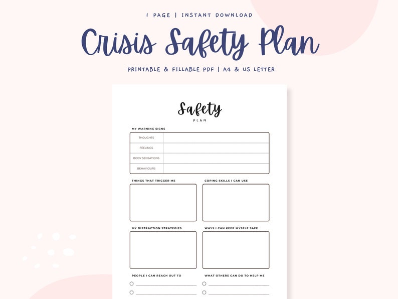 Crisis Safety Plan Printable Coping Skills Mental Health Worksheet ...