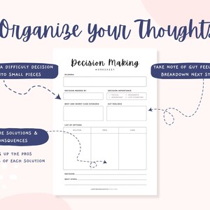 Decision Making Worksheet - Decision Planner, Anxiety Journal, Pros and ...