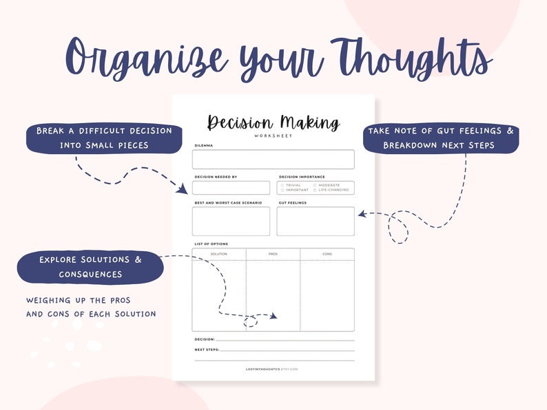 Decision Making Worksheet - Decision Planner, Anxiety Journal, Pros and ...