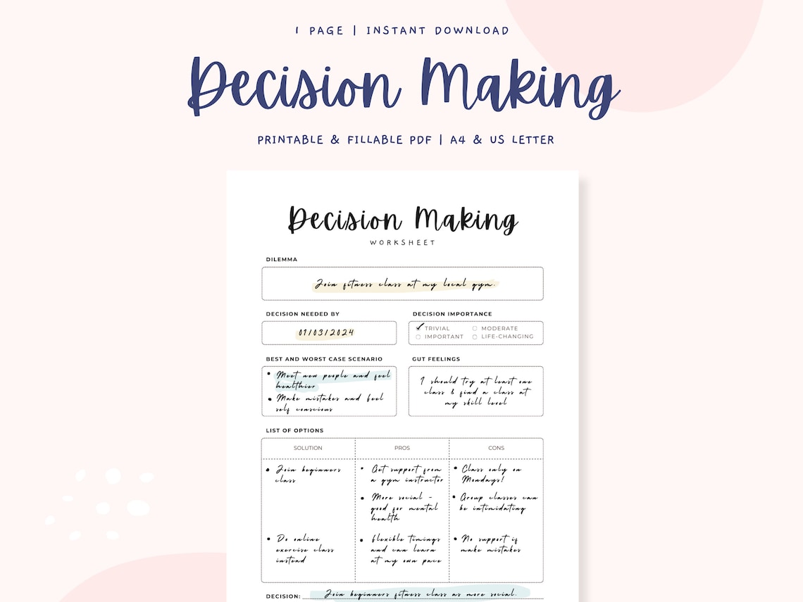 Decision Making Worksheet - Decision Planner, Anxiety Journal, Pros and ...
