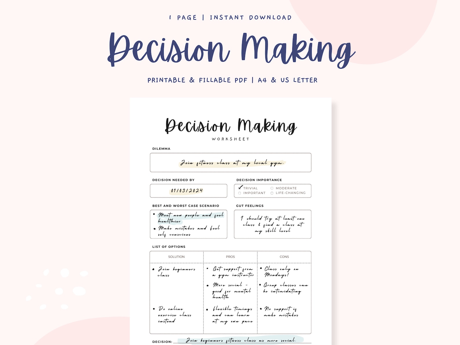 Decision Making Worksheet - Decision Planner, Anxiety Journal, Pros and ...