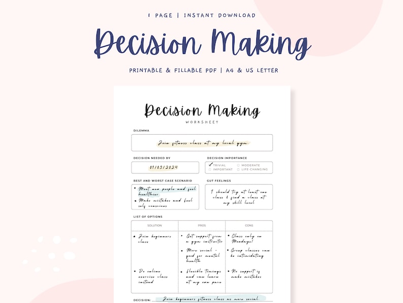 Decision Making Worksheet - Decision Planner, Anxiety Journal, Pros and ...