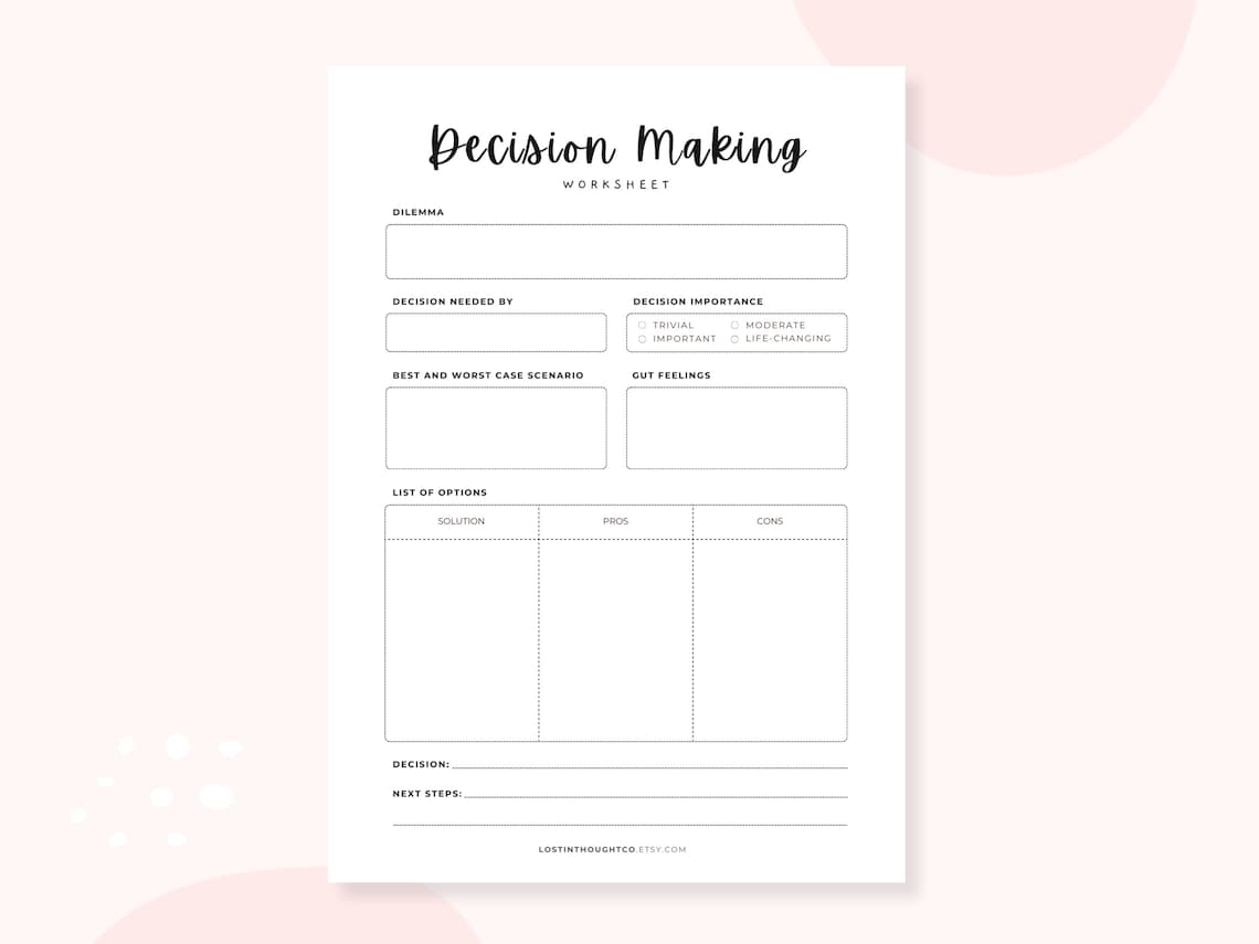 Decision Making Worksheet - Decision Planner, Anxiety Journal, Pros and ...