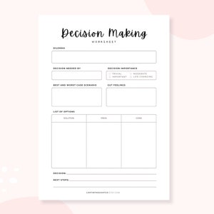 Decision Making Worksheet - Decision Planner, Anxiety Journal, Pros and ...