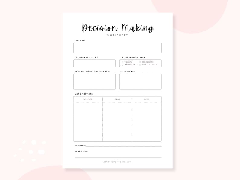 Decision Making Worksheet - Decision Planner, Anxiety Journal, Pros and ...