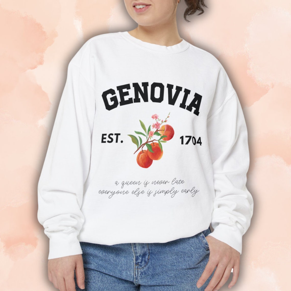 Genovia University Sublimation Design, White Genovia Peach Sweatshirt ...