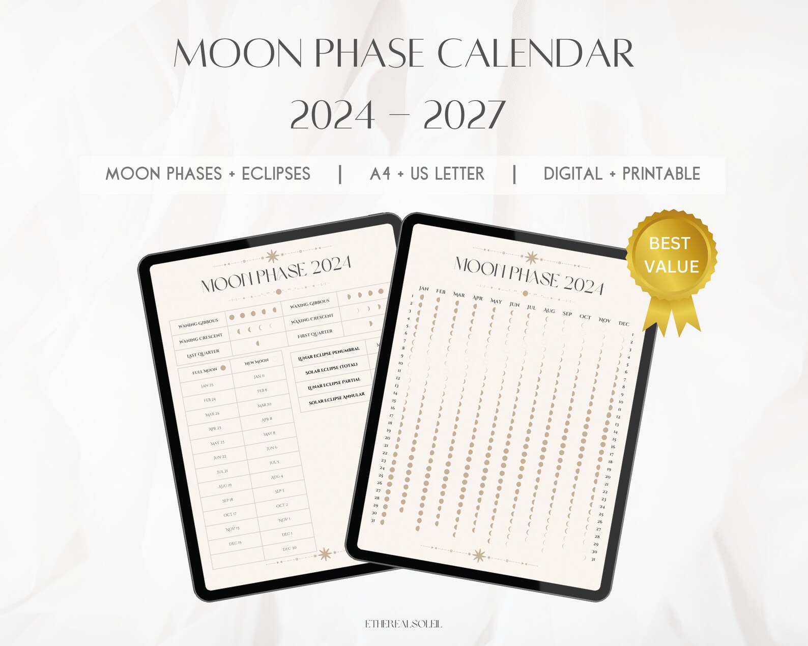 Moon Phase Calendar 2024, 2025, 2026, 2027, Lunar Calendar, Moonphases ...