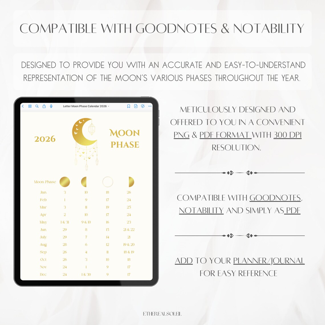 Moon Phase Calendar 2026: Lunar Printable (digital, PDF, Png)，moonphase ...