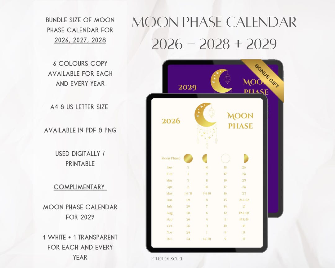 Moon Phase Calendar 2026 - 2029: Printable Lunar Phases (PDF), Digital ...