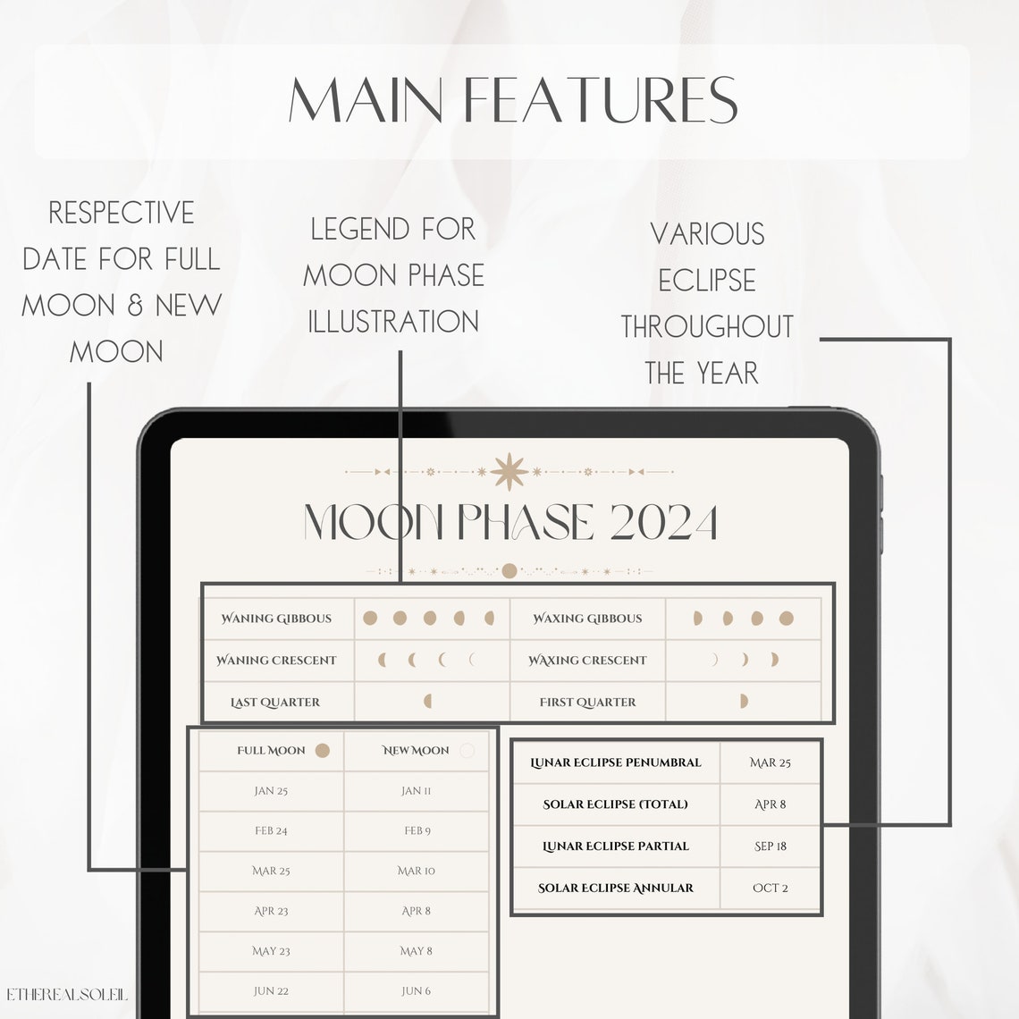 Moon Phase Calendar 2024, 2025, 2026, 2027, Lunar Calendar, Moonphases ...