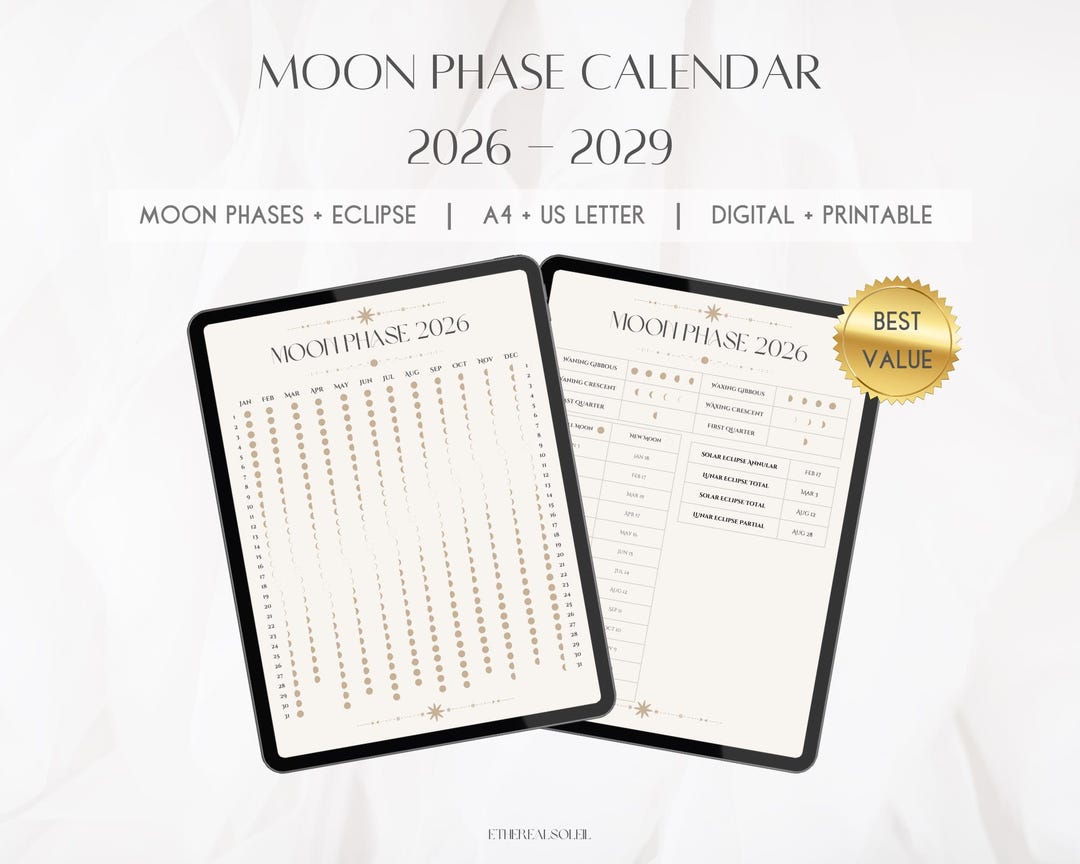2026-2029 Moon Phase Calendar: Lunar Eclipse Printable (digital, PDF ...