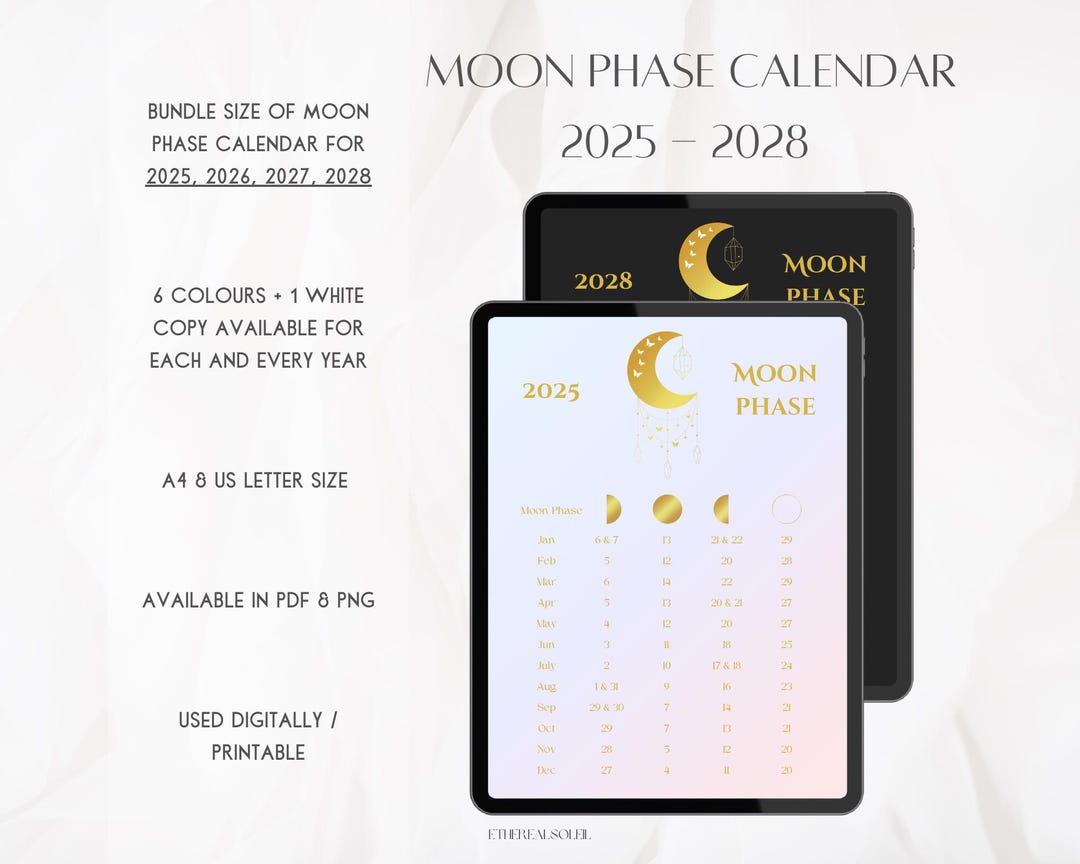 Moon Phase Calendar 2025, 2026, 2027, 2028 Lunar Calendar, Moonphases ...