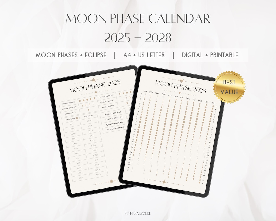 Moon Phase Calendar 2025, 2026, 2027, 2028, Lunar Calendar, Moonphases ...