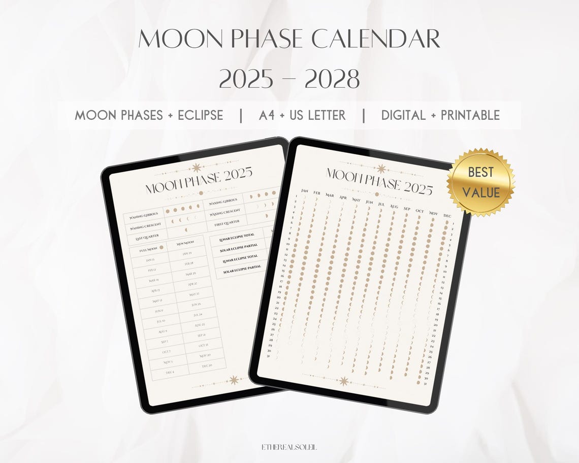 Moon Phase Calendar 2025, 2026, 2027, 2028, Lunar Calendar, Moonphases ...
