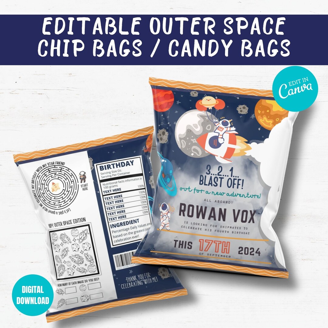 Outer Space Chip Bag, Space Theme Chip Bag, Planets, Sun, Moon Editable ...