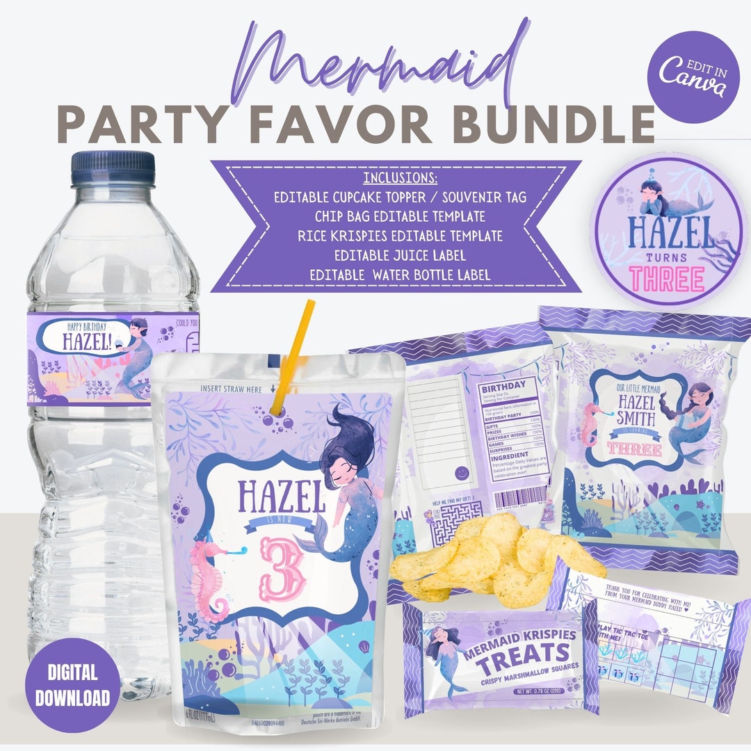 Editable Mermaid Birthday Bundle Set, Canva Editable Party Favors ...