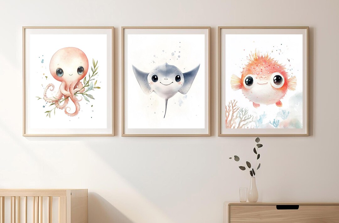 Underwater Animal Poster Set Nursery Wall Decor Baby Gift Watercolor ...