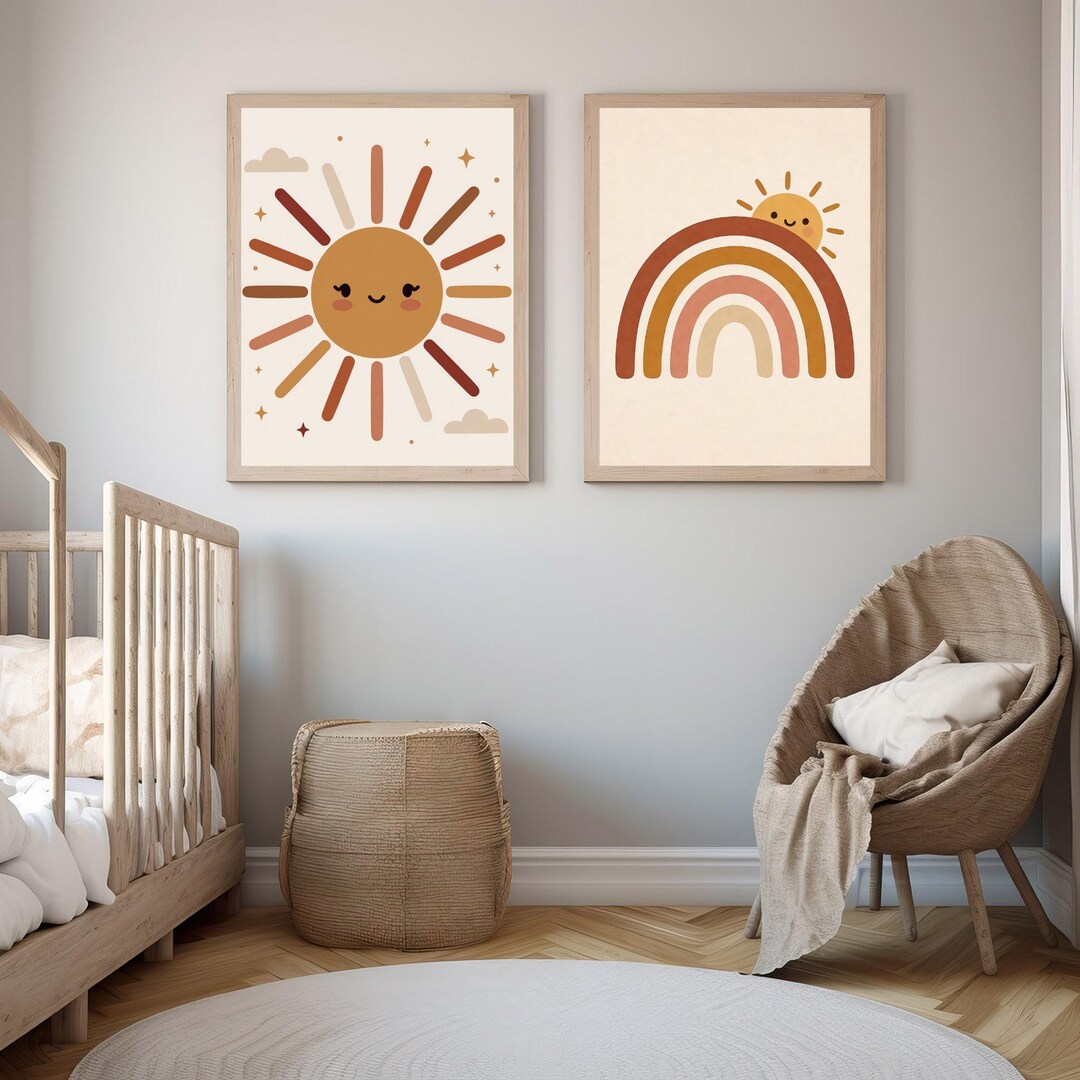 Rainbow Sun Poster Set of 2 - Boho Earth Tones Kawaii Baby Shower Gift ...