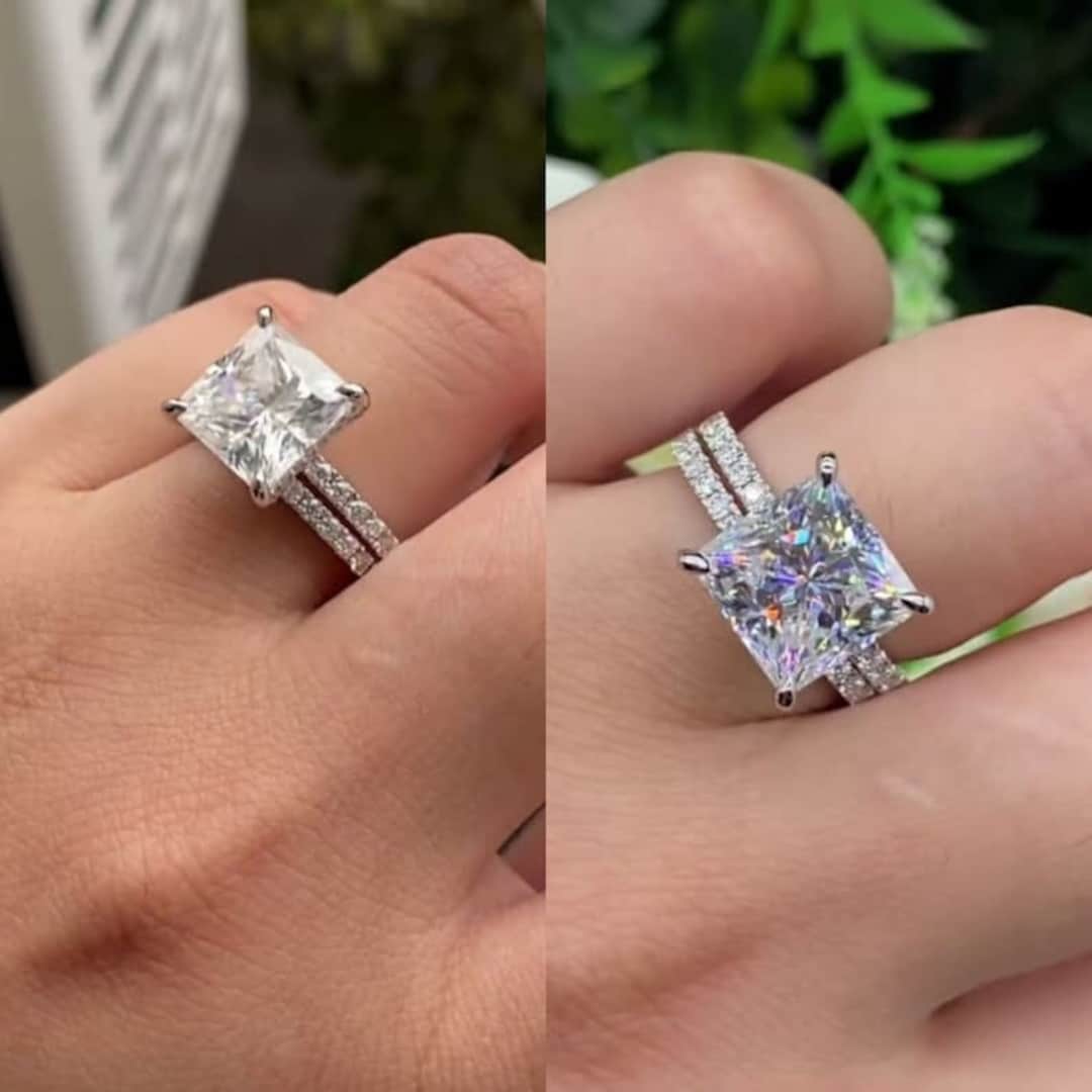 Princess Cut Bridal Ring Set Hidden Halo 4 Prong Set Bridal Ring With ...