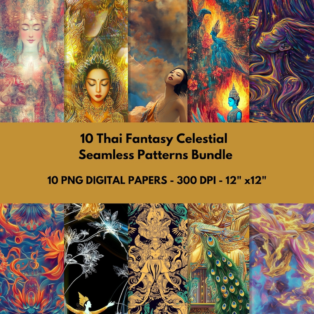 10 Thai Fantasy Celestial Seamless Patterns Bundle - Digital Download | Mythical Thai Art ...