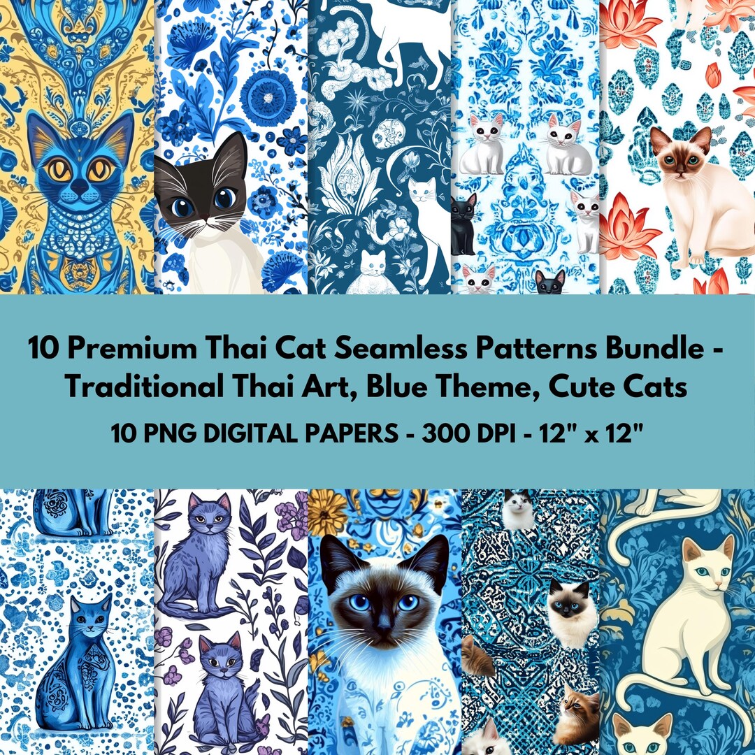 10 Premium Thai Cat Seamless Patterns Bundle - Traditional Thai Art ...