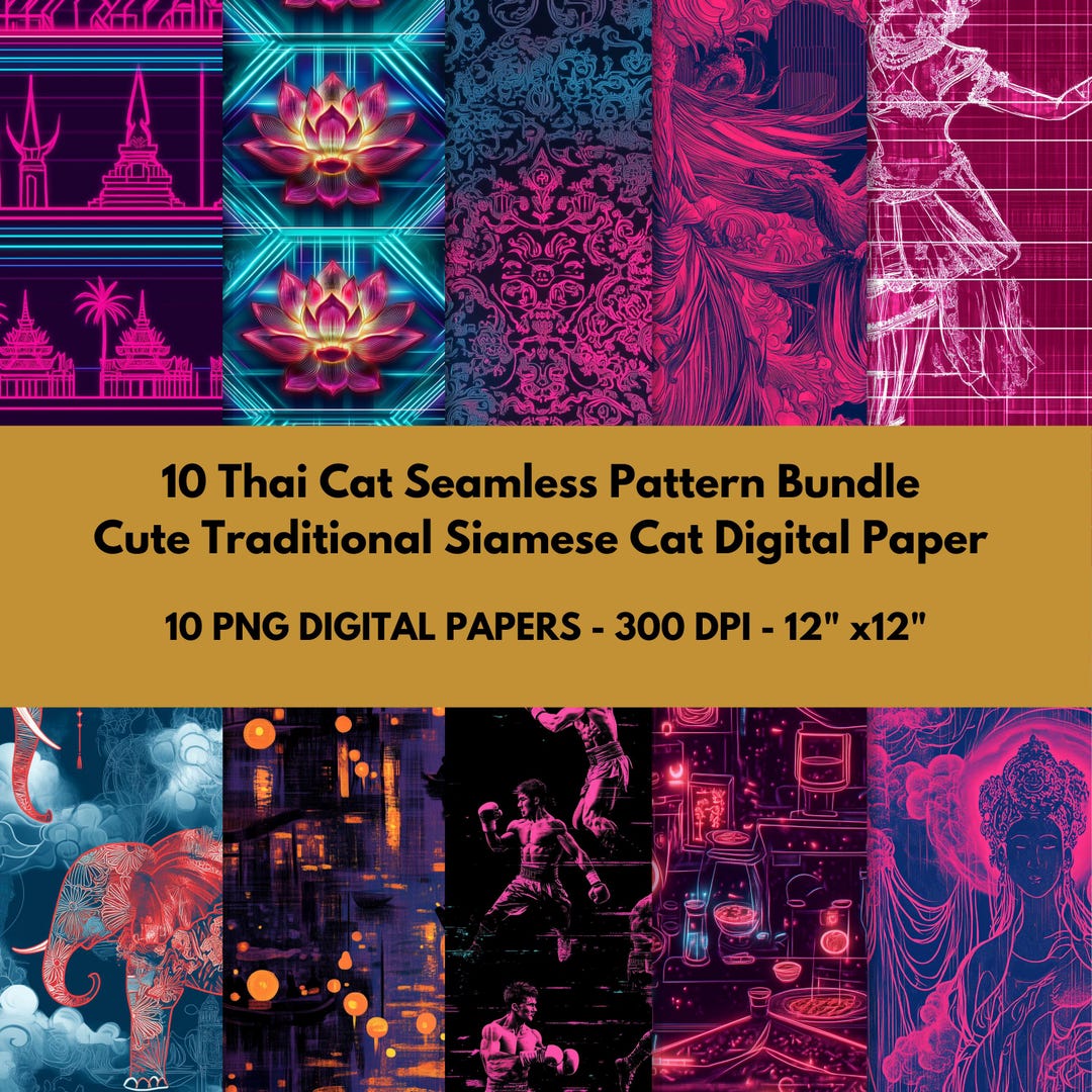 10 Thai Vaporwave Seamless Patterns – Neon Cyberpunk Thai Digital Paper, Synthwave Backgrounds ...
