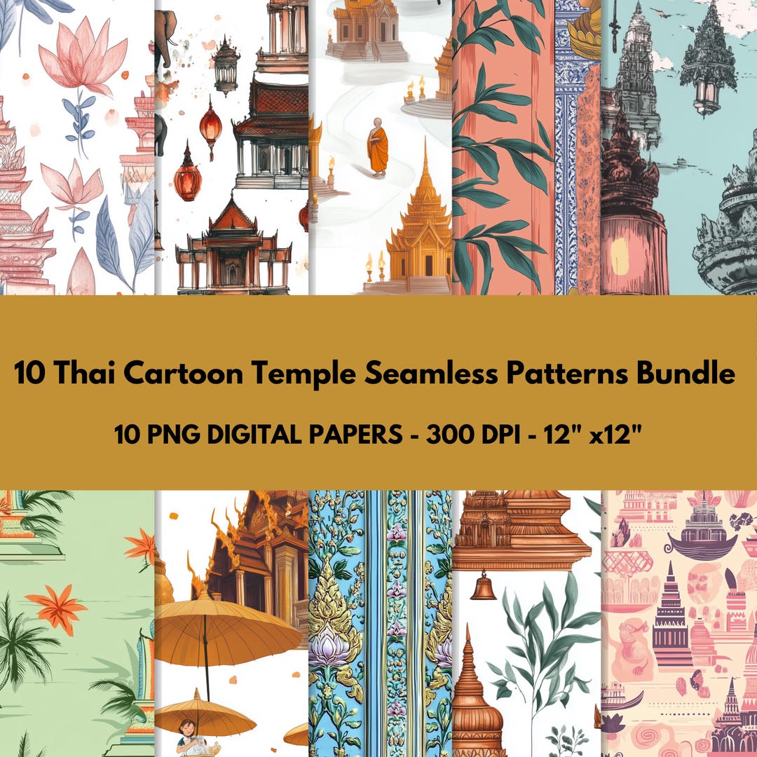 10 Thai Cartoon Temple Seamless Patterns Bundle | Cute Asian Cultural ...