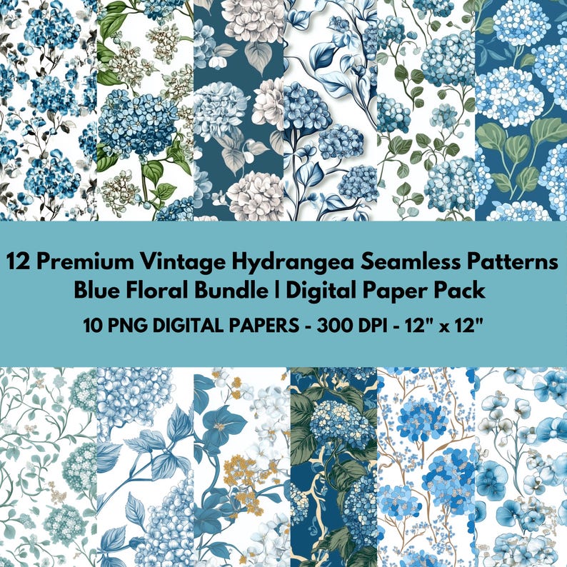 12 Premium Vintage Hydrangea Seamless Patterns | Blue Floral Bundle ...