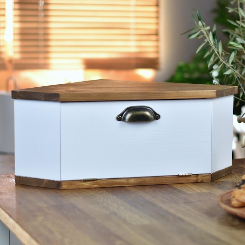 Corner Bread Box, White Rustic Wooden Bread Bin for Modern Farmhouse ...