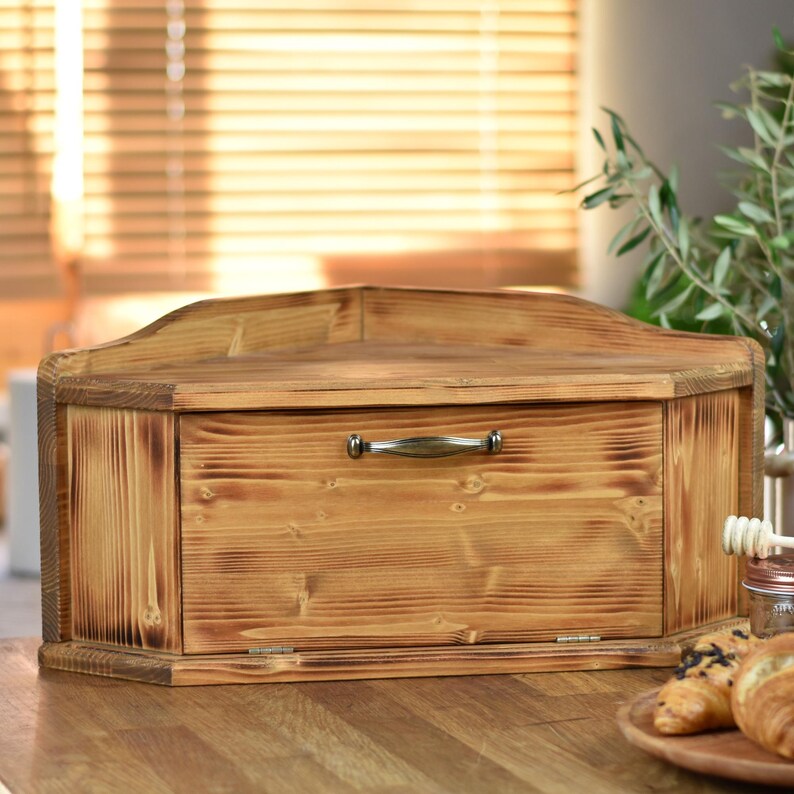Corner Bread Box, Rustic Wooden Breadbox, Farmhouse Kitchen Decorative ...