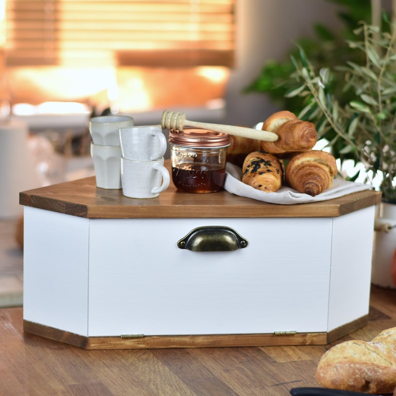 Corner Bread Box, Modern Farmhouse White Wooden Bread Bin, Space-saving ...