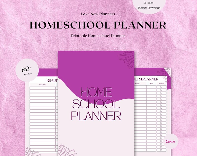 Homeschool Planner, Printable, Pink, Reading Log, Lesson Plan, Task ...