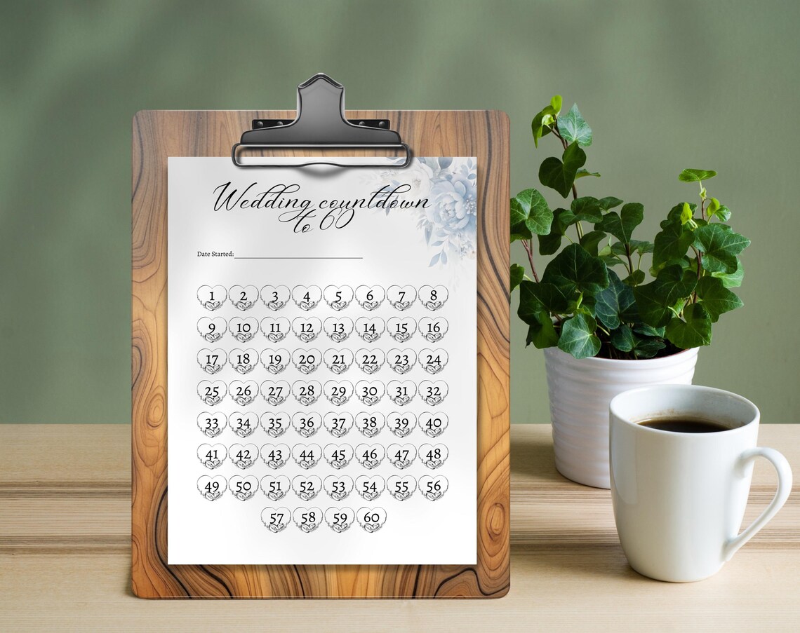 Dusty Blue Wedding Countdown Calendar – Editable Canva Template With ...