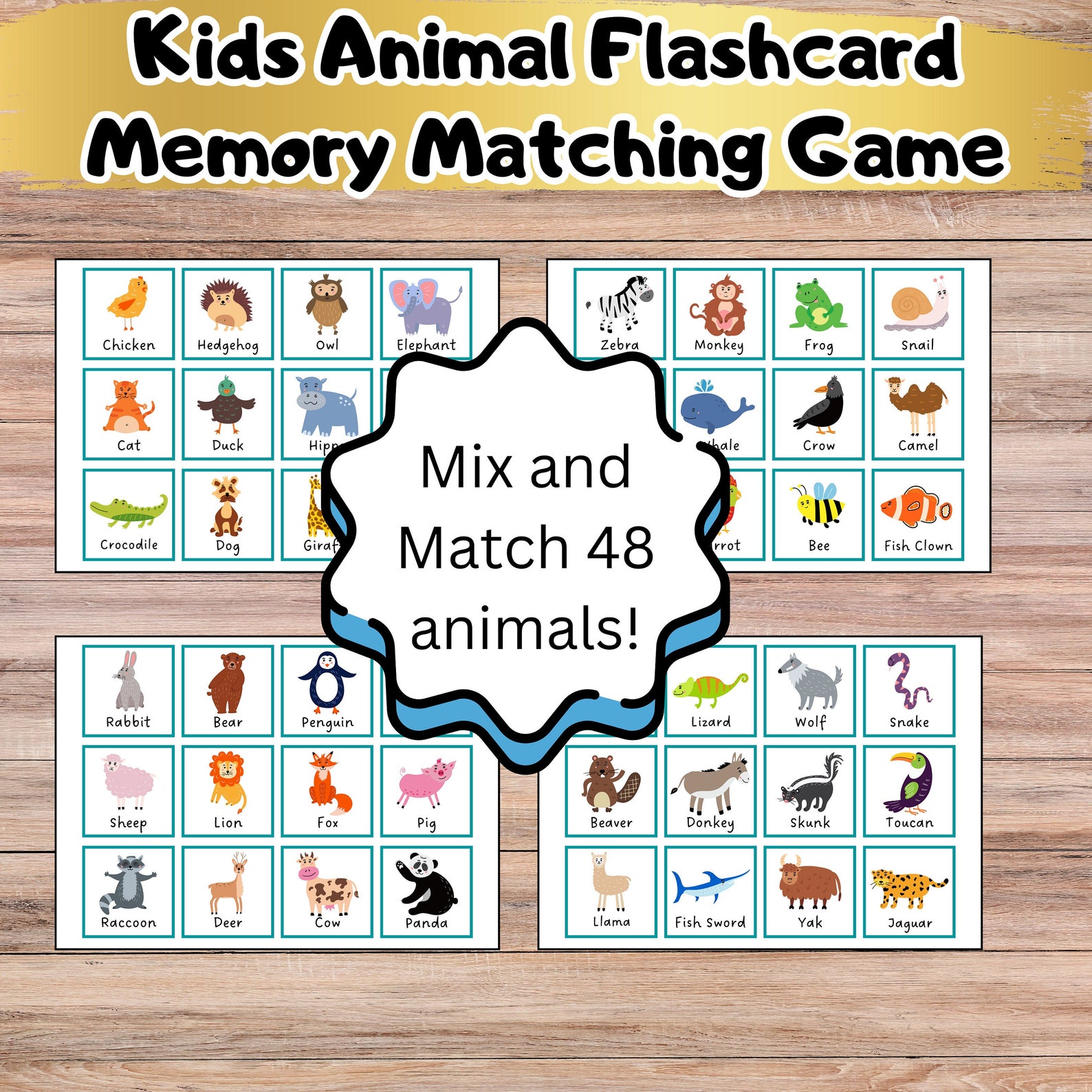 Kids Animal Flashcard Memory Matching Game | Animal Learning Flashcards ...