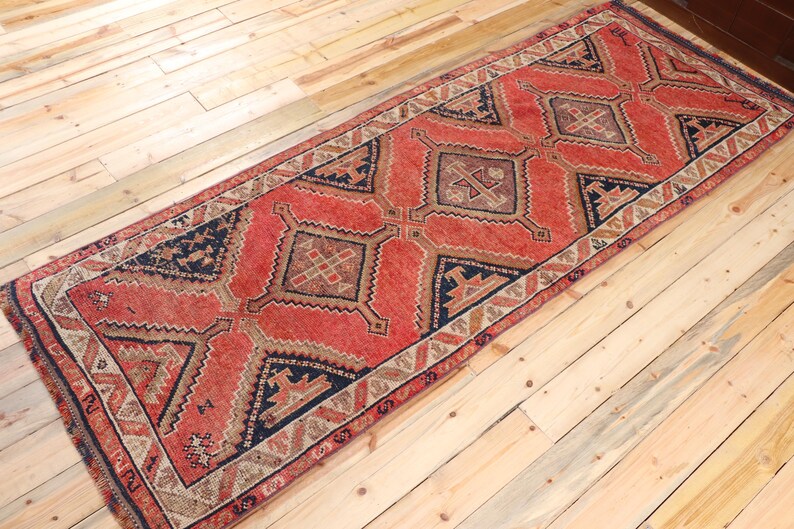 Turkish Runner Rug 3.3x9.4 Ft, Red Abstract Vintage Wool Rug - Etsy