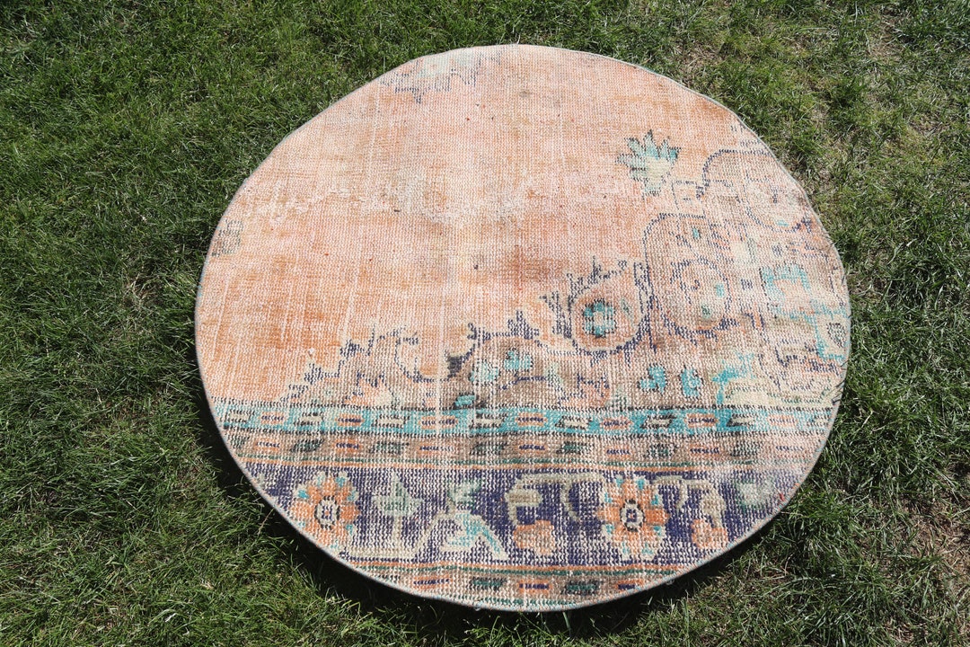 Turkish Rug, 4x4 Small Rug, Round Rug, Vintage Rug, Faded Anatolian ...