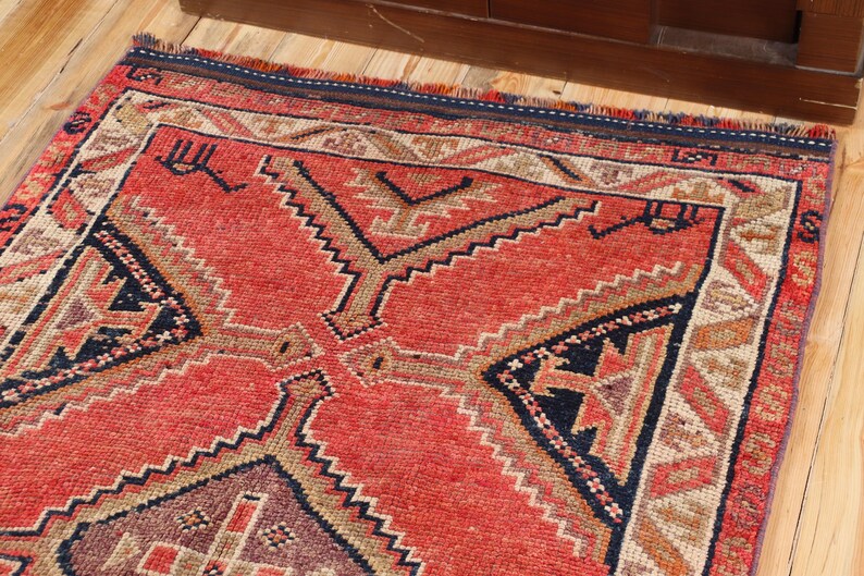 Turkish Runner Rug 3.3x9.4 Ft, Red Abstract Vintage Wool Rug - Etsy
