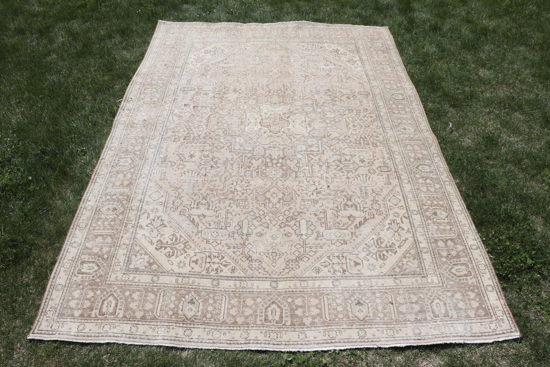 Turkish Large Rug 6.5x9.2 Ft (198x280 Cm), Vintage Brown Check Wool Rug ...