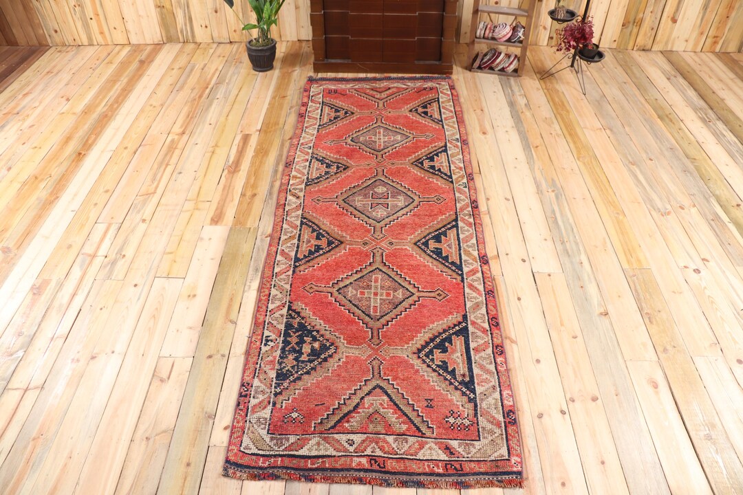 Turkish Runner Rug 3.3x9.4 Ft, Red Abstract Vintage Wool Rug - Etsy