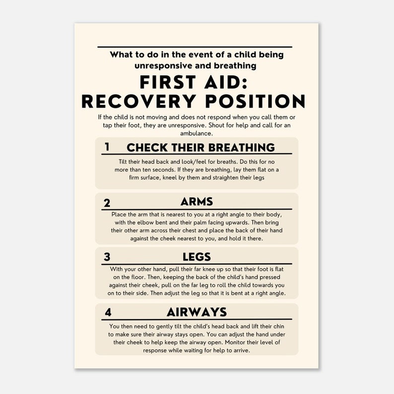Recovery Position: Child First Aid Print, Safety Poster, Nursery Wall ...