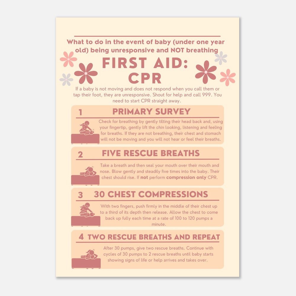 CPR: Baby First Aid Print Flowers Theme, Safety Poster, Nursery Wall ...